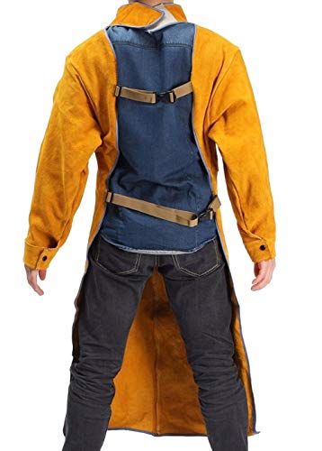 Jewboer Leather Welding Apron with Sleeve,Heavy Duty Welding Jacket,Heat Flame Resistant Weld Coat for Men Women,XL
