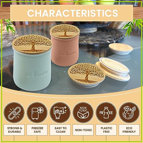 La Fermiere Yogurt Container Covers β Tree of Life Design or Choose a Design - 4 Bamboo Wood Lids Set With Extra Silicone Gaskets - Perfect Airtight Fit