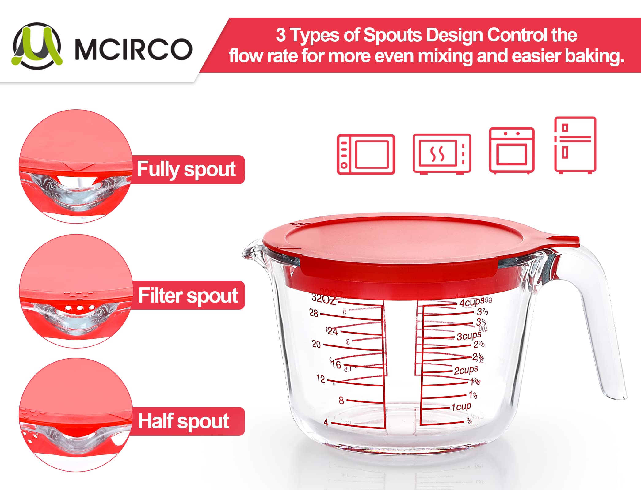 M MCIRCO 6 Pcs Glass Measuring Cups with Lids Set, 1-Cup, 2-Cup, 4-Cup Measuring Jugs with Handle, Nesting Liquid Measuring Cups for Kitchen