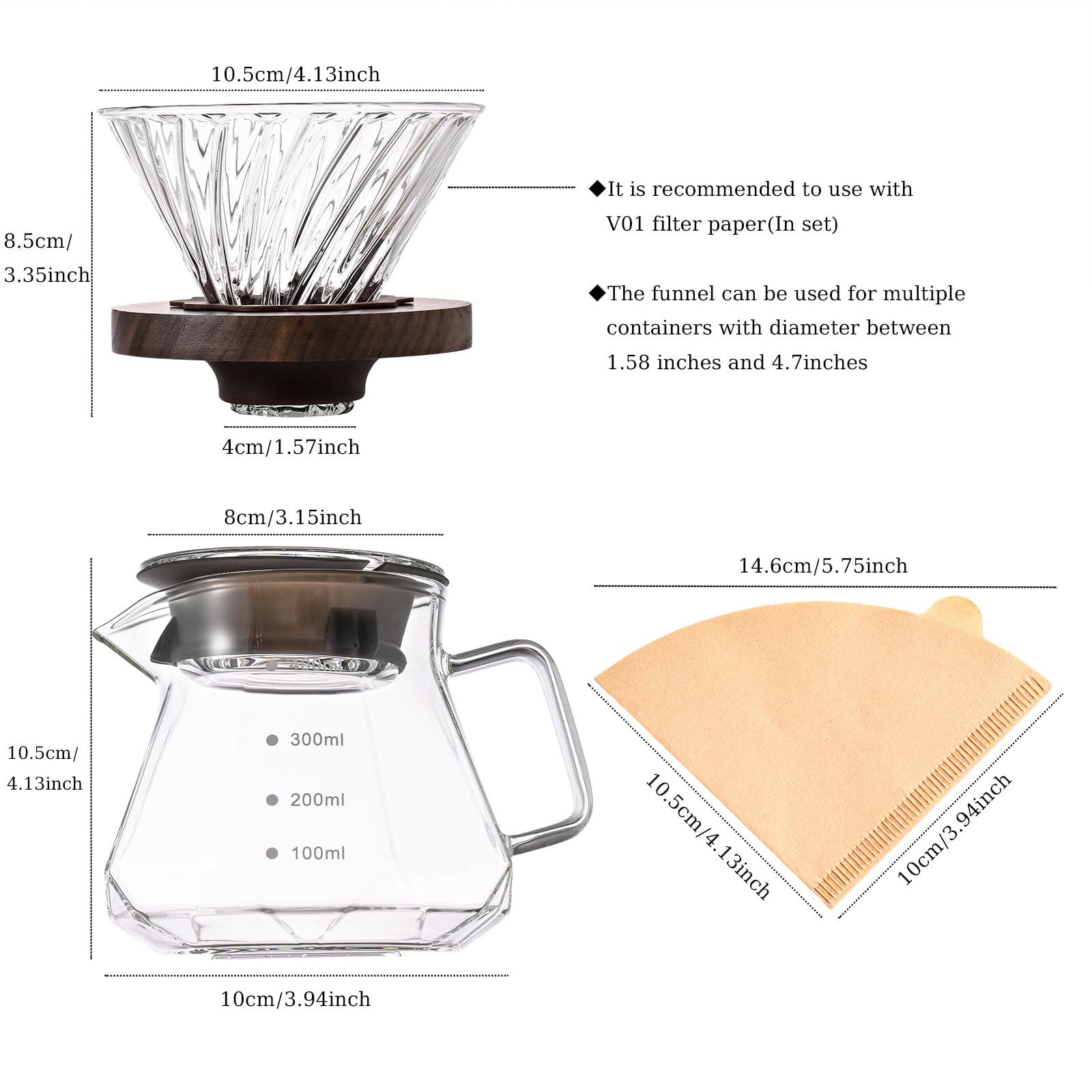 NEWOUGER Pour Over Coffee Maker With Paper Filter 40 Sheets,Transparent 13.5 Oz Pour Over Coffee Dripper Set Borosilicate Glass Coffee Carafe,For Home,Camping, Hiking