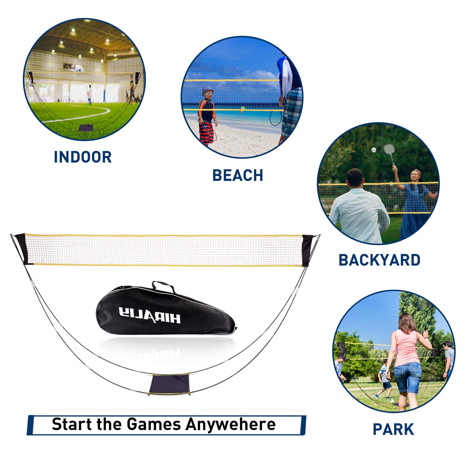HIRALIY Complete Badminton Set, Badminton Rackets Set of 4 for Outdoor Backyard Games, Includes 1 Portable Badminton Net, 4 Rackets, 12 Plastic Shuttlecocks, 4 Replacement Grip Tapes and 1 Carry Bag