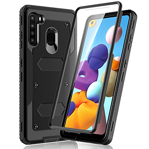 HATOSHI Samsung Galaxy A21 Case with Built-in Screen Protector, Heavy Duty Protection, Full-Body Shockproof Rubber Bumper Rugged Protective Phone Case Cover for Samsung A21 6.5-inch, Black