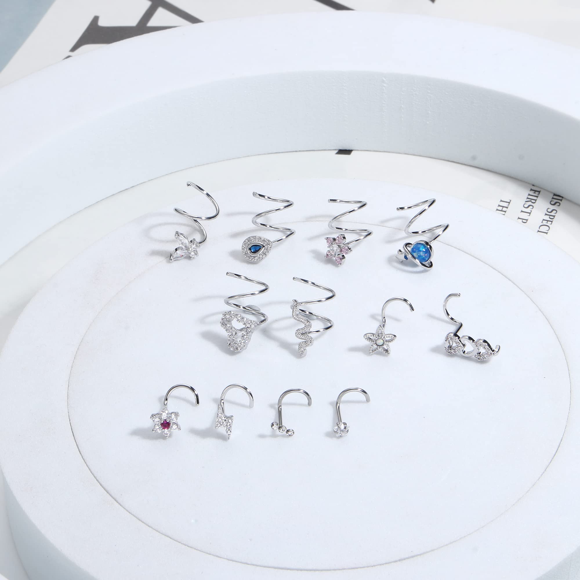 Jstyle 20G 12Pcs Nose Rings for Women Men Stainless Steel Double Nose Ring Hoop for Single Piercing Nose Studs Nose Ring Hoops CZ Piercing Jewelry Silver