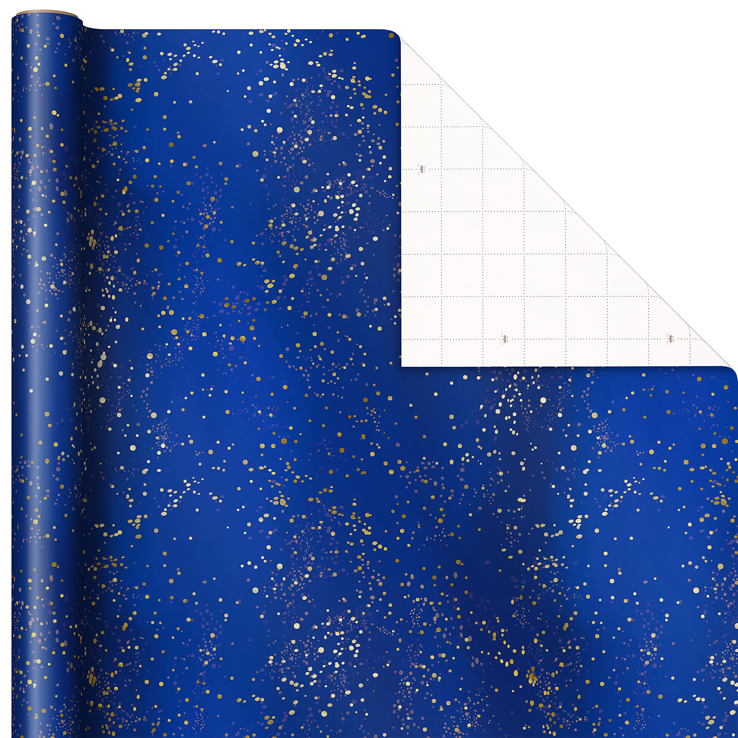 Hallmark Blue Wrapping Paper with Cut Lines on Reverse (3 Rolls: 120 sq. ft. ttl) Starry Snowflakes, Winter Galaxy, Navy Blue, Gold for Birthdays, Graduations, Winter Weddings