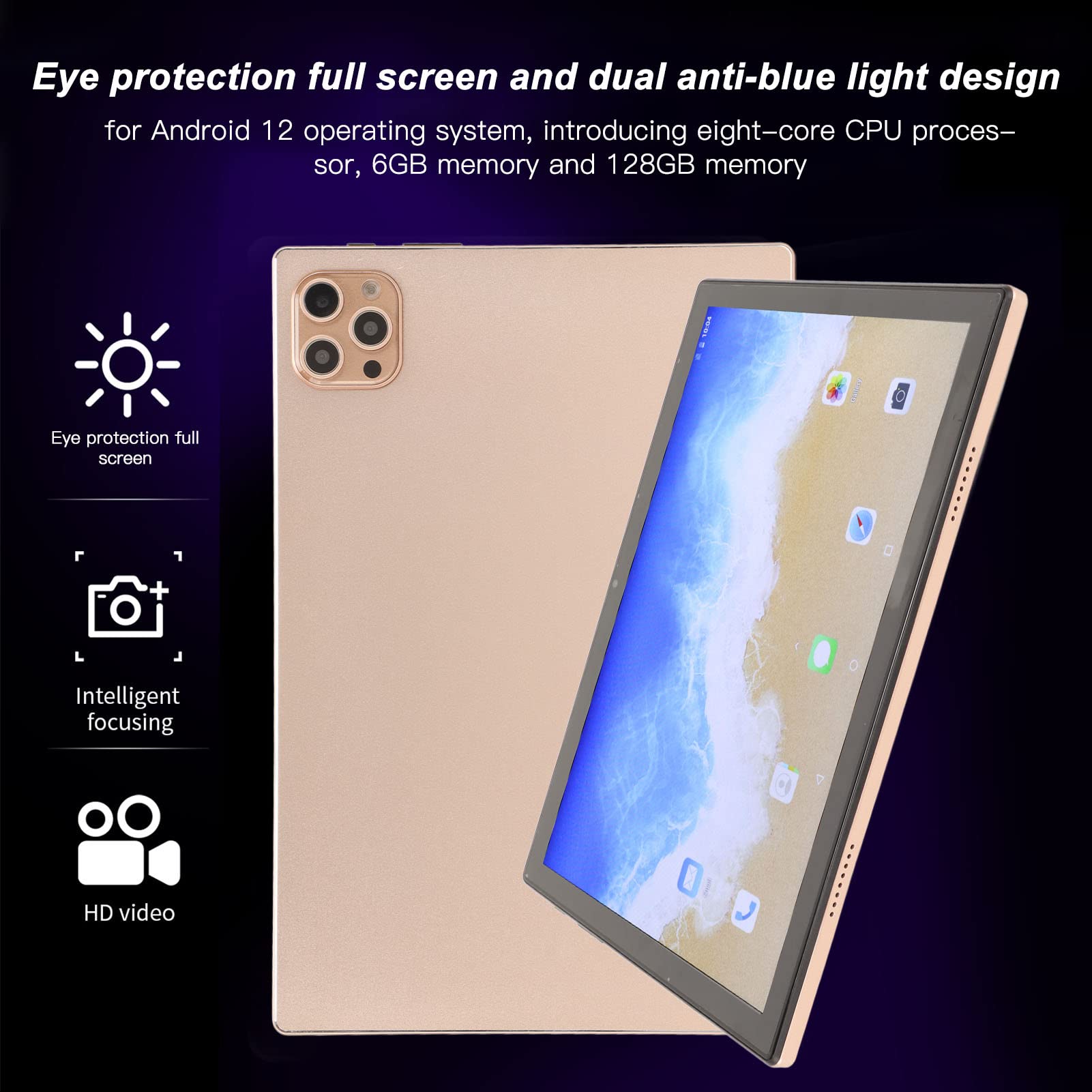 HD Tablet, 10in 1920x1200 IPS Gold Tablet 4G Calling 2.4G 5G Dual Band WiFi 6GB 128GB Tablet Built 8800mAh Large Capacity Battery PC 100 to 240V