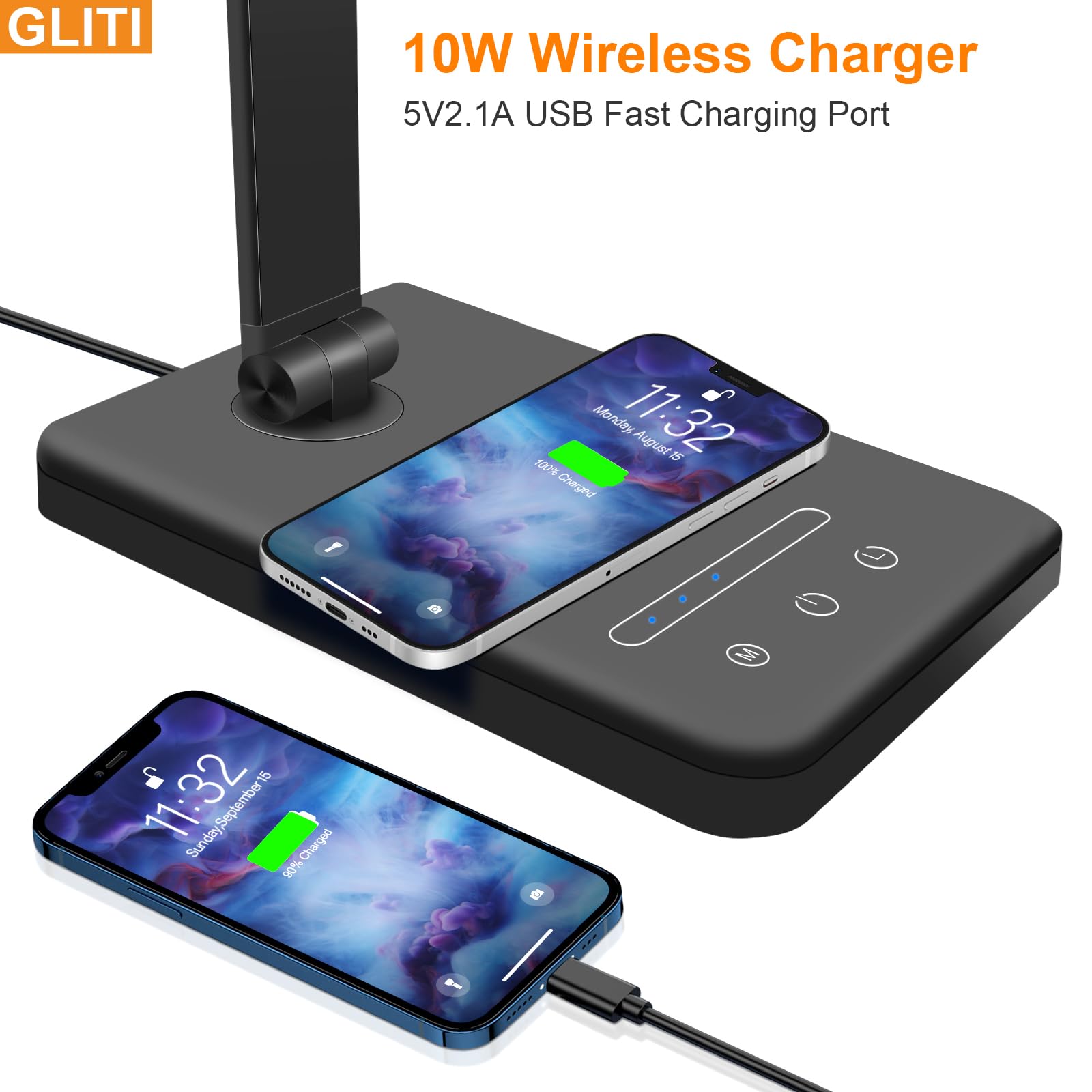 GLITI LED Desk Lamp with Wireless Charging,Dimmable Desk Light, 5 Light Colors, 6 Brightness Levels, Touch Control Table Lamp with USB Rechargeable, Auto Timer, for College Dorm, Home, Office