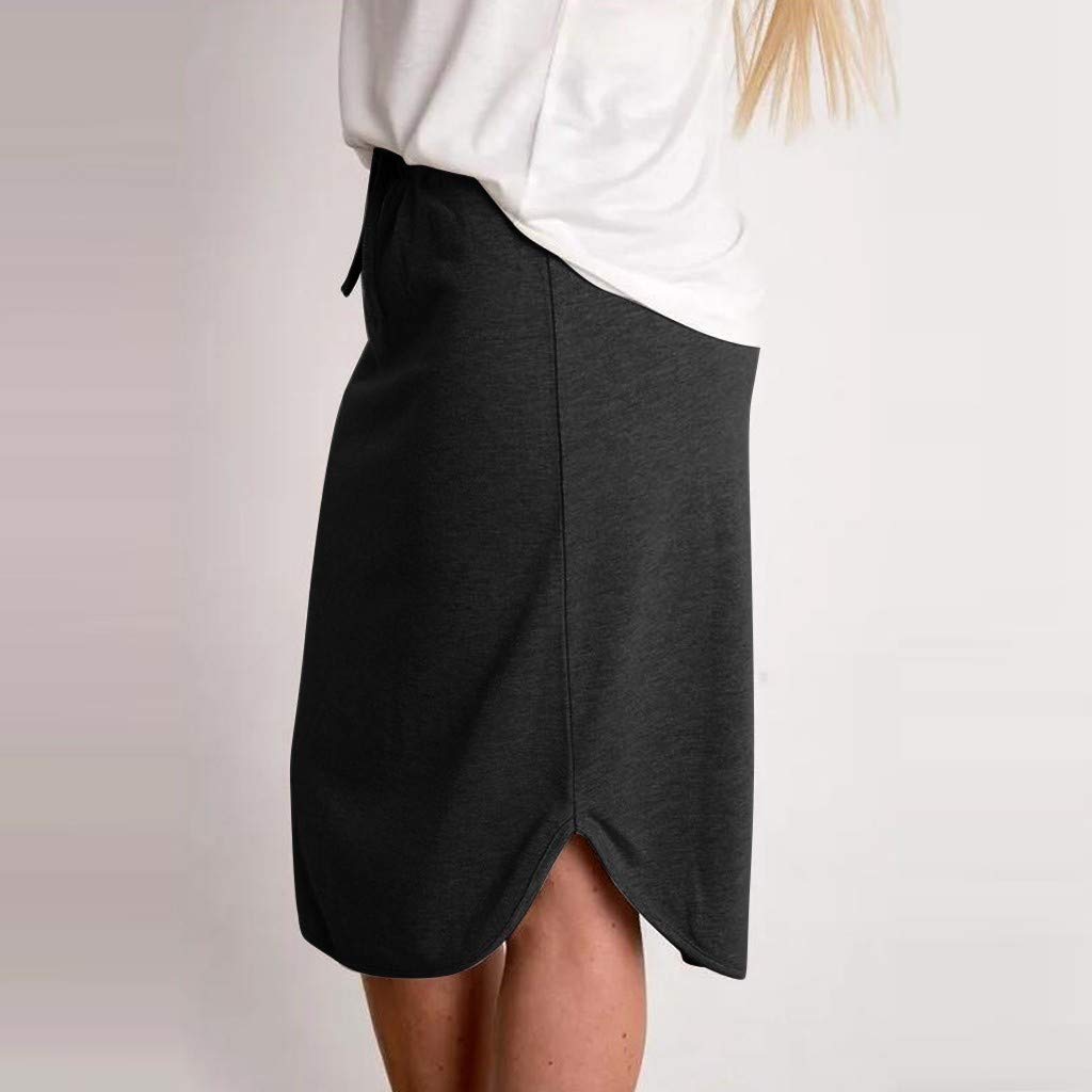 High Waist Skirts for Women Stripe Elastic Drawstring Casual Fashion Midi Skirt (L, Solid-Black)