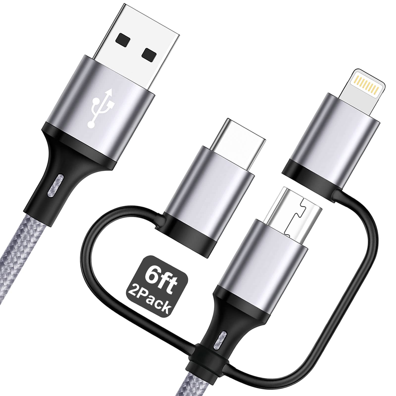 Multi Charging Cable [6ft 2Pack] 3 in 1 USB Charger Cable Nylon Braided Fast Charging Cords Chargers for Multiple Devices with Lightning/Type C/Micro USB/iPhone/iPads/Samsung Galaxy/Ps/Tablets &More