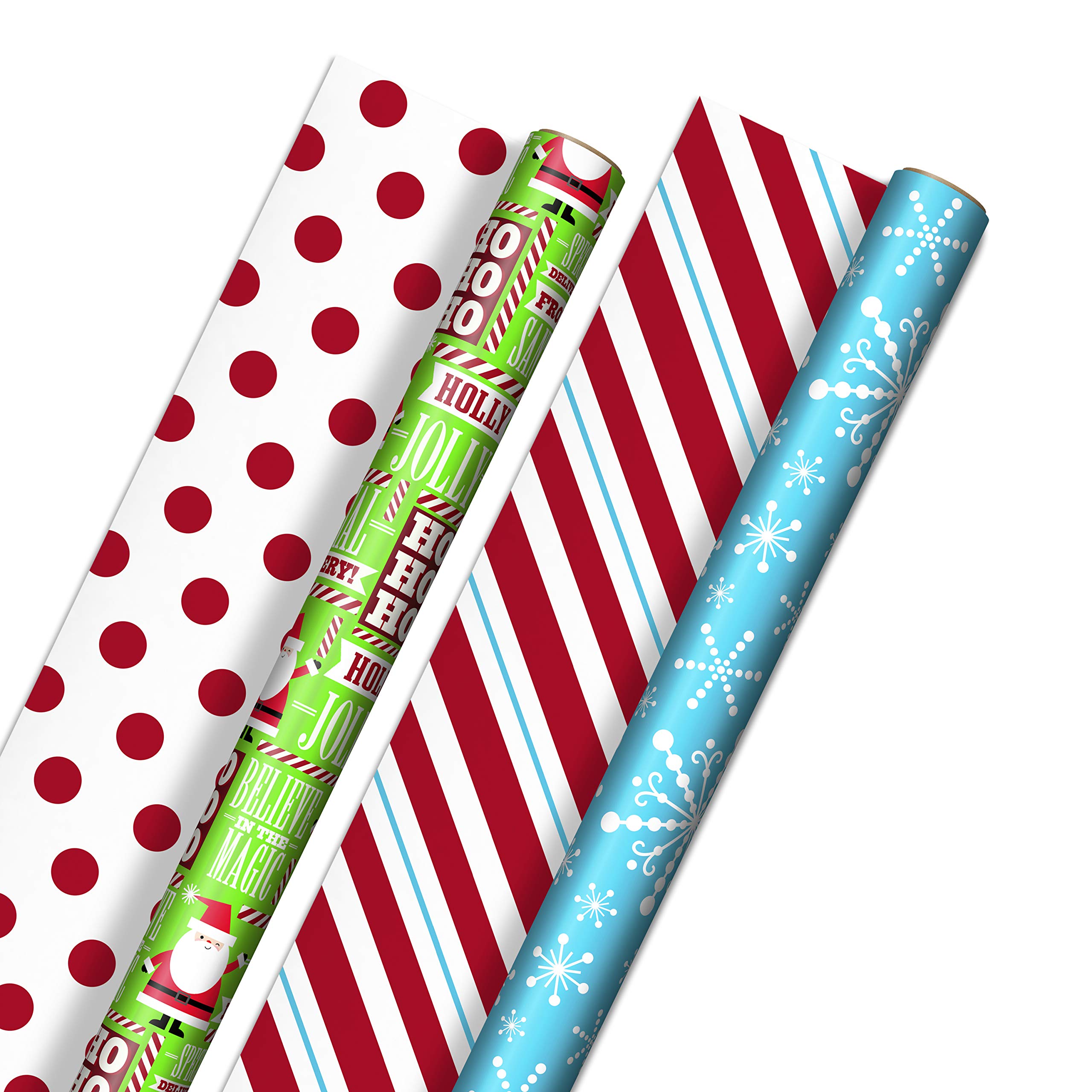 Hallmark Reversible Christmas Wrapping Paper for Kids - Bulk (2 Jumbo Rolls: 160 sq. ft. ttl) Santa, Snowflakes, Stripes, Red Dots, Dual-Pack