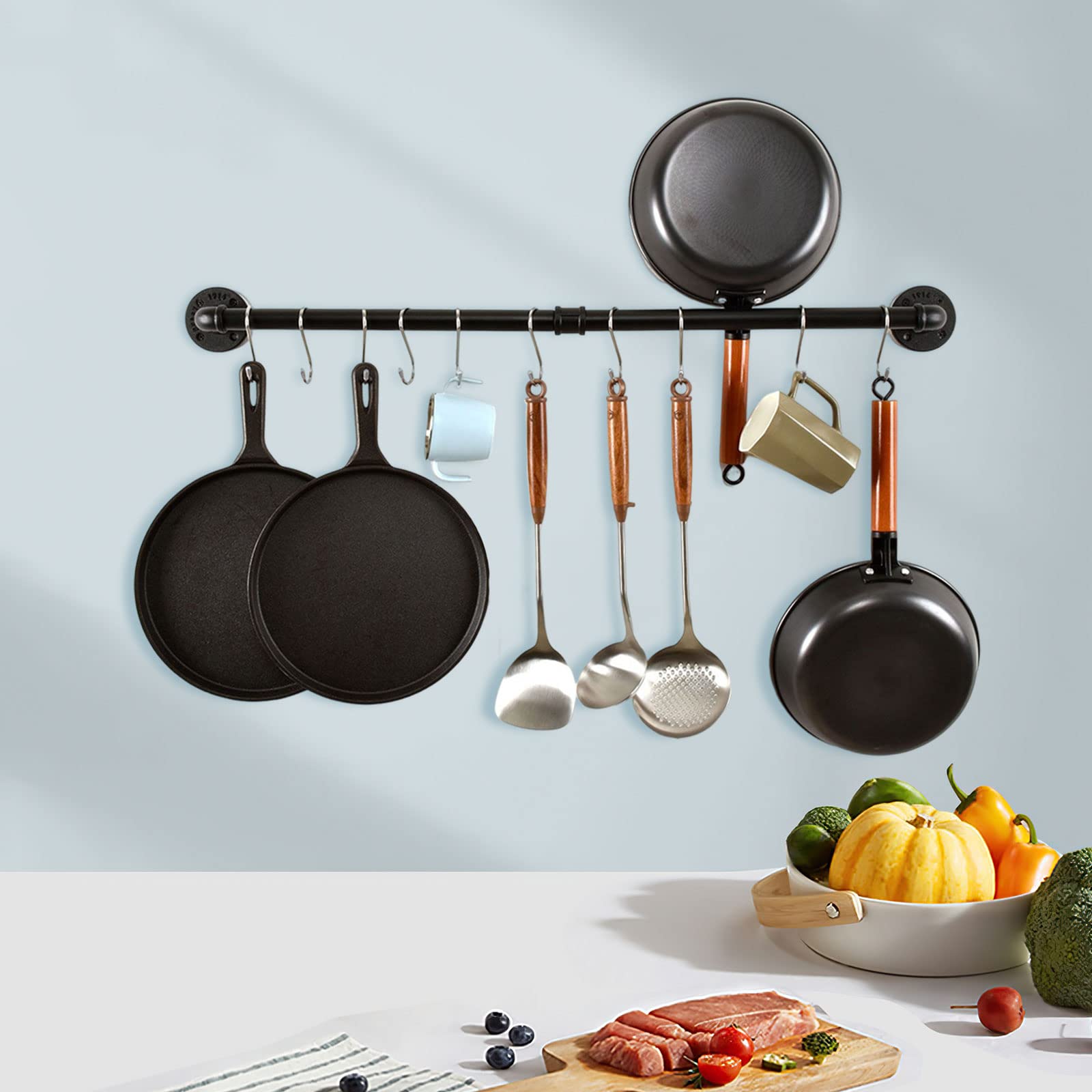 HOEMLIM Pipe Pot Pan Rack Wall Mounted Industrial Utensil Lid Holder Cookware Hanger Kitchen Organizer Hanging Bar Rail with S Hooks(36 inch,Black)