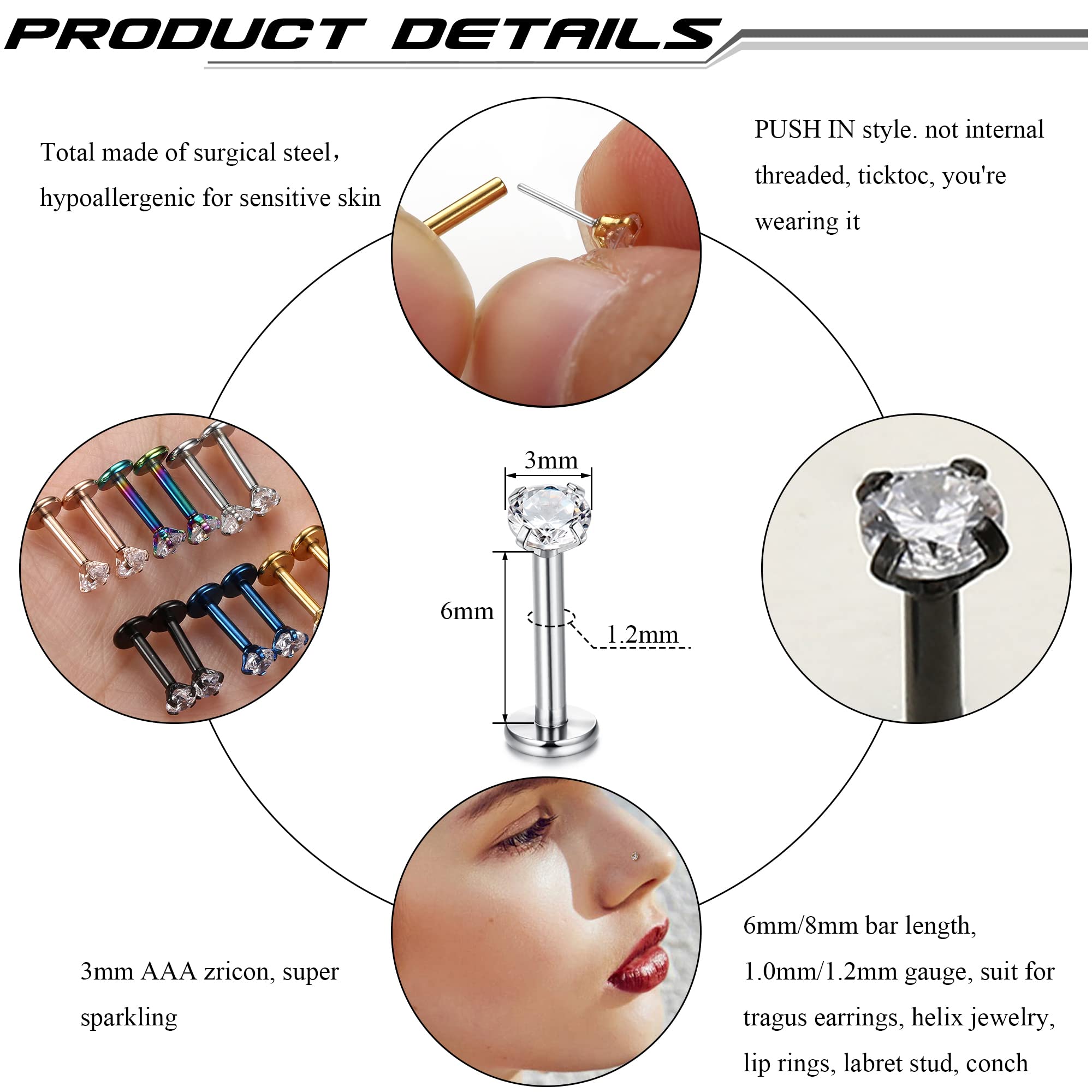 IRONBOX 16G Threadless Push in Nose Rings Studs Surgical Steel Pushin Nose Stud Bone Nose Rings Piercings Nostril Piercing Jewelry for Women Men 6MM