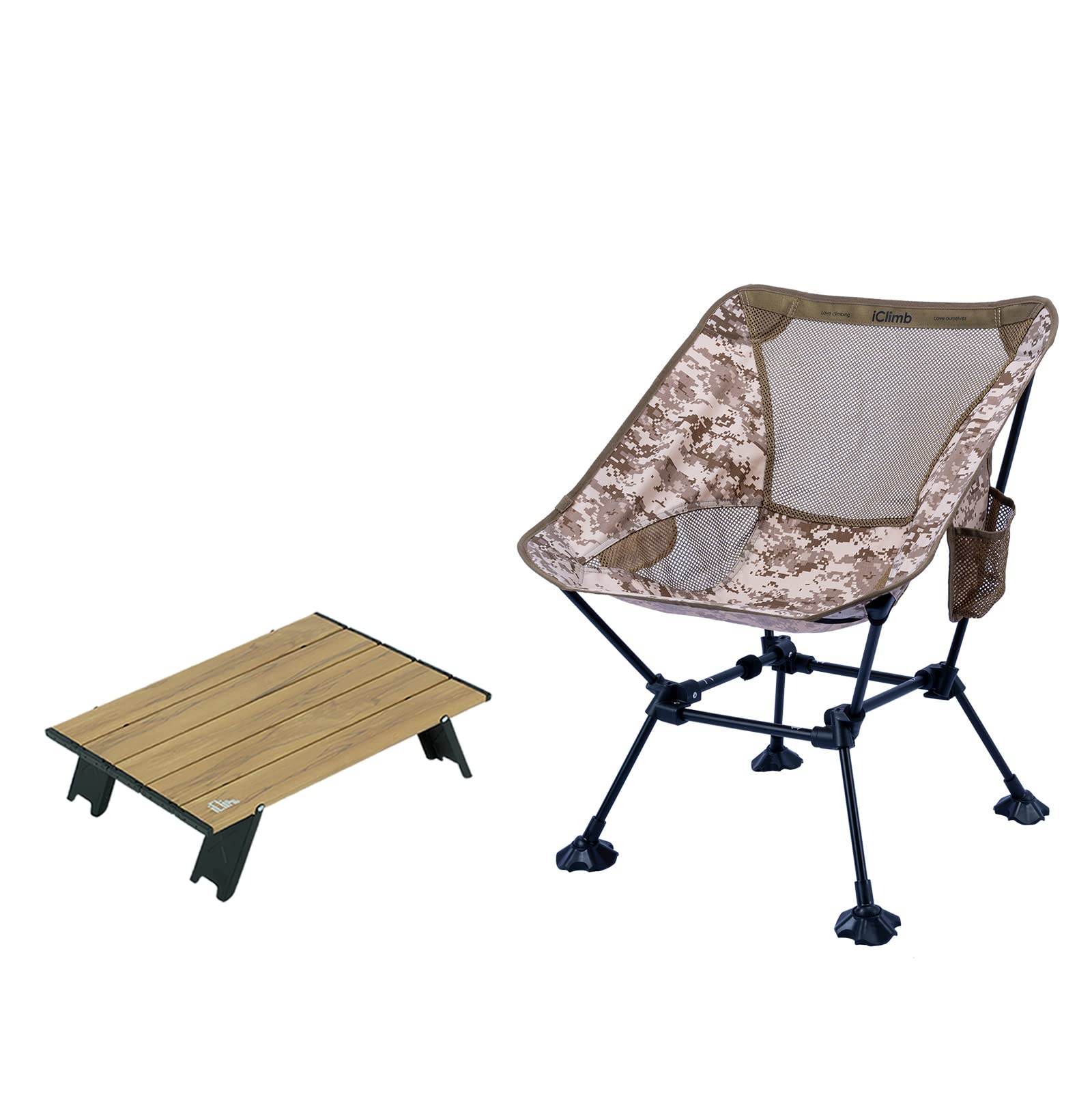 iClimb 1 Anti-Sinking Large Feet Chair and 1 Mini Folding Table Bundle, Ultralight Compact for Solo Adult Outdoor Backpacking Camping Hiking Beach Concert