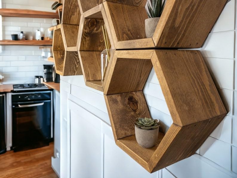 MUOSI Hexagon Shelves, Plant Shelves, Wide Hexagons Shelves, Honeycomb Shelves, Wall Decor ( Provincial I*Set of 6 Hexagons )