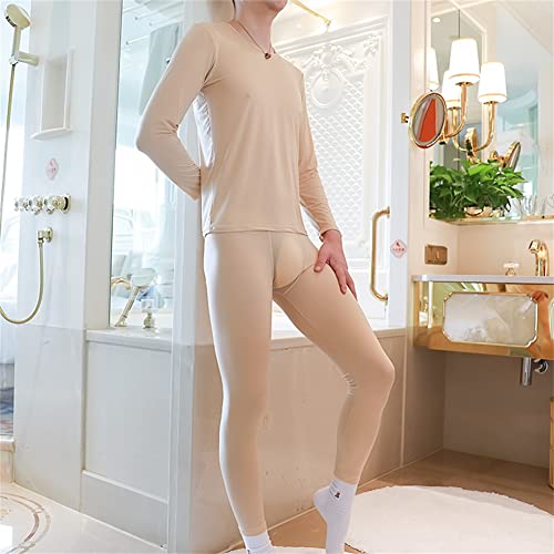 IYUNYI Men's Thermal Underwear Set, Ice Silk Feeling Long Johns, Winter Thin Base Layer Top & Bottom Nude