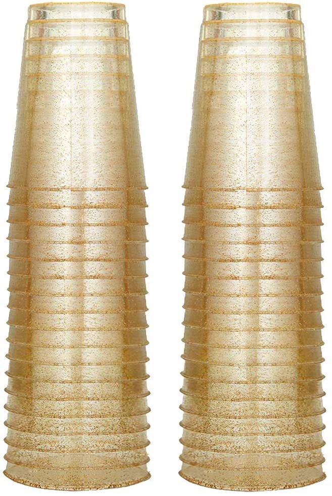 Glitter Plastic Cups Gold Glitter Disposable Cups 12 oz 100 Pack Clear Plastic Cups Recyclable Wine Glasses for Parties Elegant Plastic Party Cups Wedding Decorations