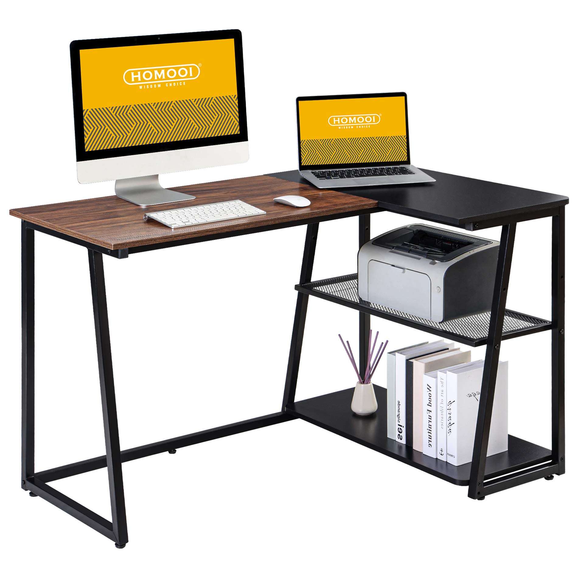 HOMOOI Small L-Shaped Desk with Storage Shelves, 47.2 Reversible Corner Writing Table for Home Office, Rustic Brown and Black