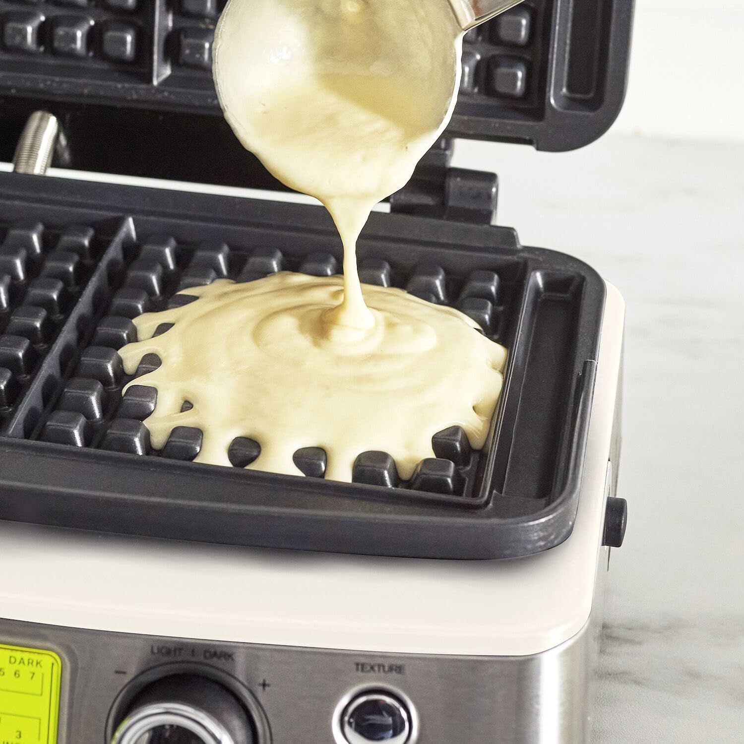 GreenPan Elite 2-Square Belgian & Classic Waffle Iron, Healthy Ceramic Nonstick Aluminum Dishwasher Safe Plates, Adjustable Shade/Crunch Control, Wont Overflow, Easy Cleanup Breakfast, PFAS-Free,White