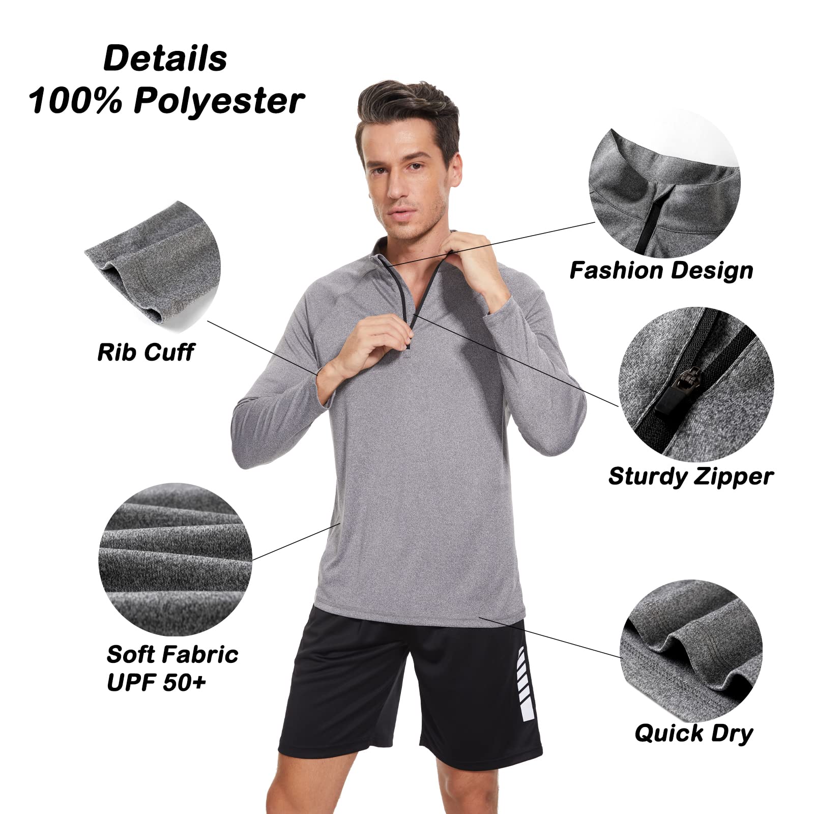 HDLMDFNN Men’s Outactive Shirt Long Sleeve Quick-Dry Breathable UPF 50+ Sun Protection Tees Dark Grey