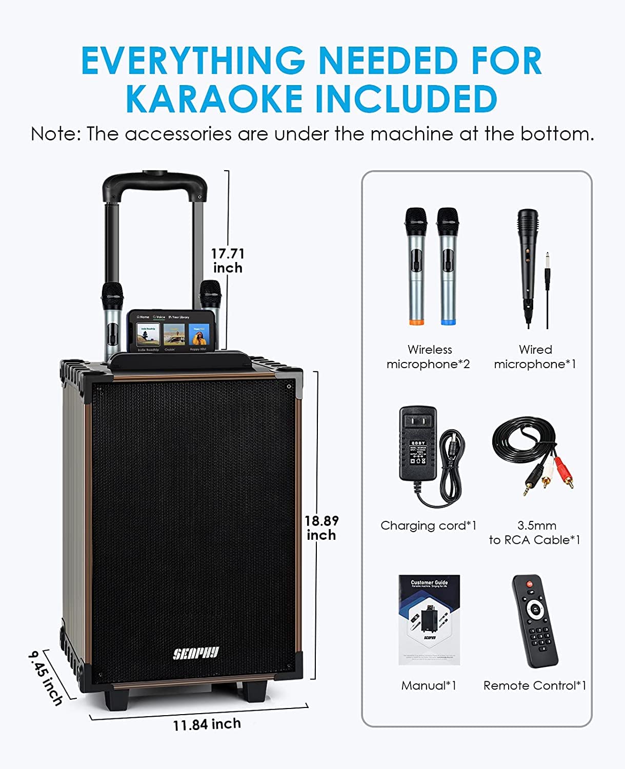 Karaoke Machine for Adults and Kids, SEAPHY DJ Lights 10'' Wooden Woofer BT Connectivity Wireless PA Speaker System with 3 Handheld Microphones for Party/Meeting/Performance Cool Disco Light