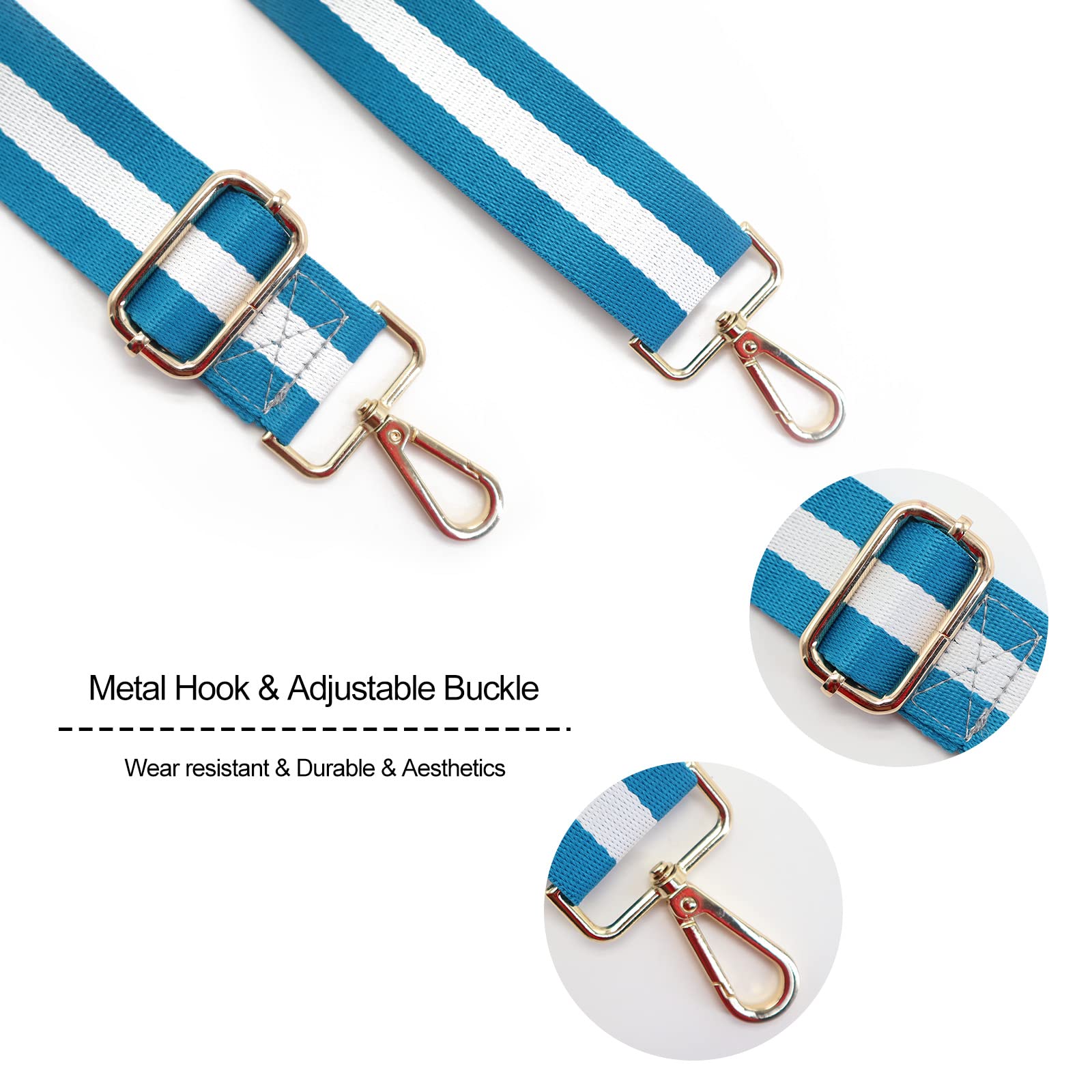 Haftigts Wide Purse Strap Replacement Crossbody, Adjustable Detachable Stripe Straps, Golden Buckle & Hook Bag Strap, Blue