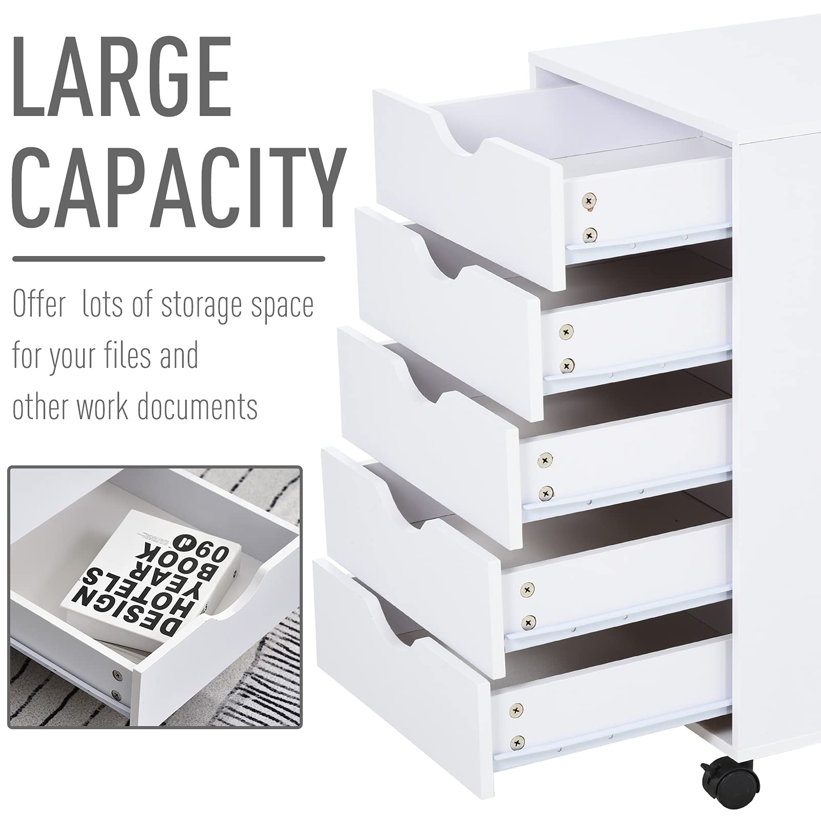 HOMCOM 5 Drawer Storage Organizer Office Cabinet with Nordic Minimalist Modern Style & Wheels, White