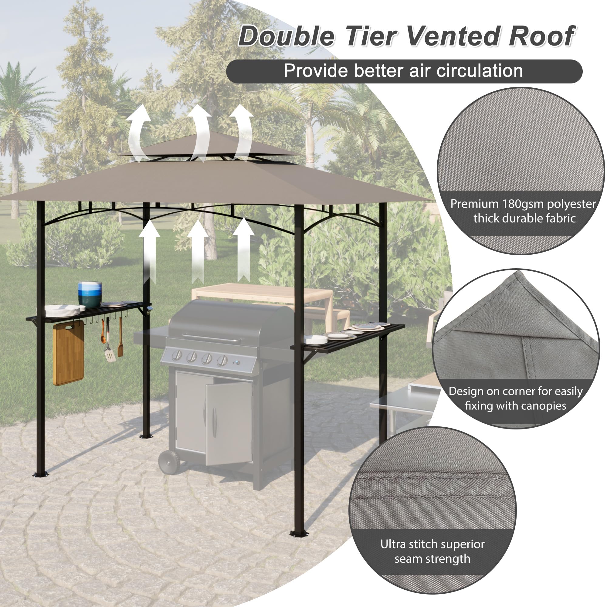 HGPZ 8 x 5 FT Grill Pergola Tent with Air Vent Double Tiered BBQ Gazebo Outdoor Barbecue Canopy, Gray