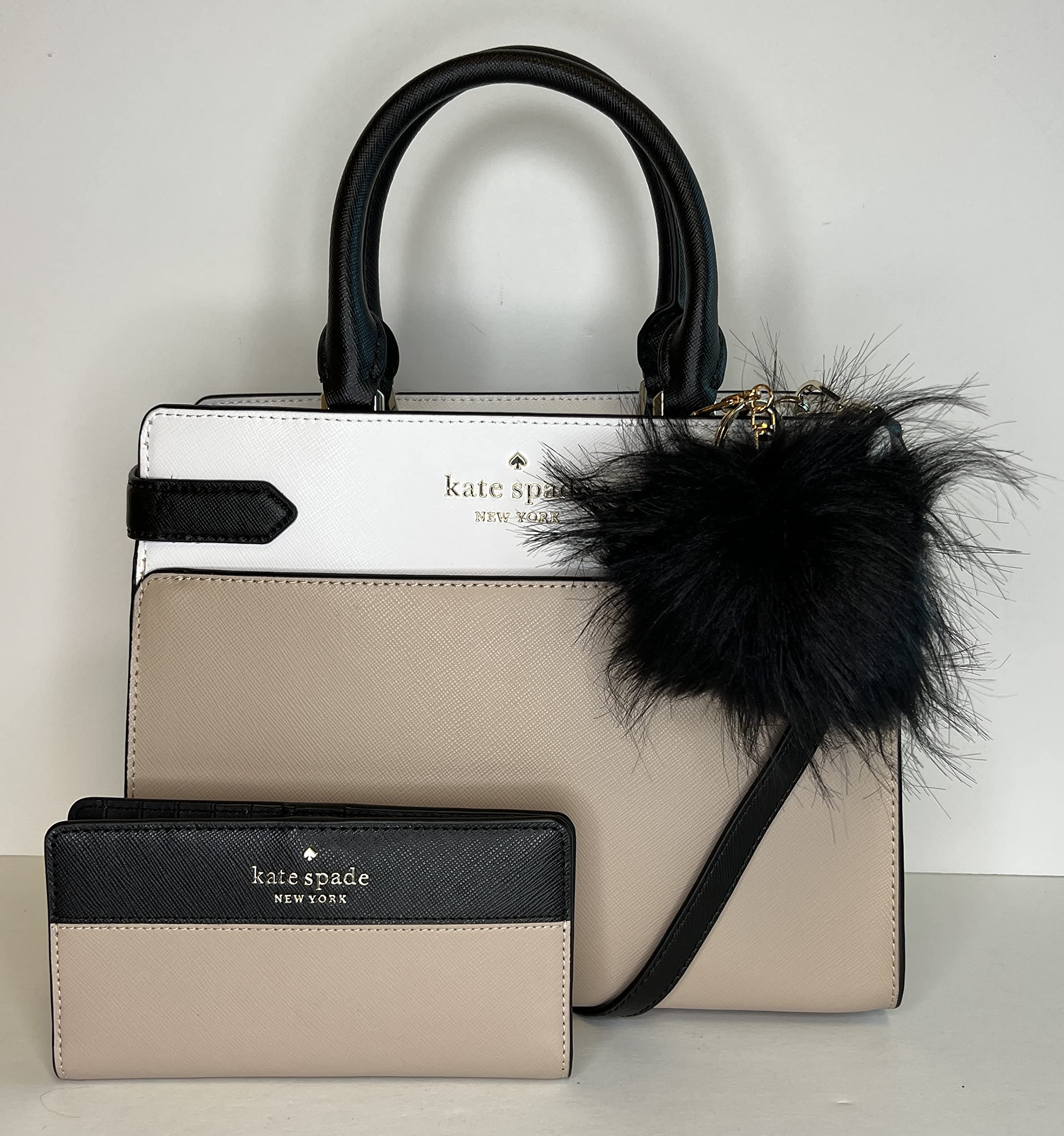 Kate Spade New York Staci MD Satchel bundled with matching Slim Bifold Wallet and Fur Pom (Warm Beige)