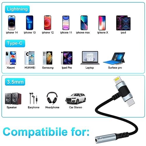 Lightning & USB-C to 3.5 mm Headphone Jack Adapter 2-IN-1 Headphone Adapter for iPhone Type C to 3.5mm Female Headphone Jack Adapter for ipad/iPhone15/14/13/12/11/8/7/Samsung/Pixel-MFI Certified