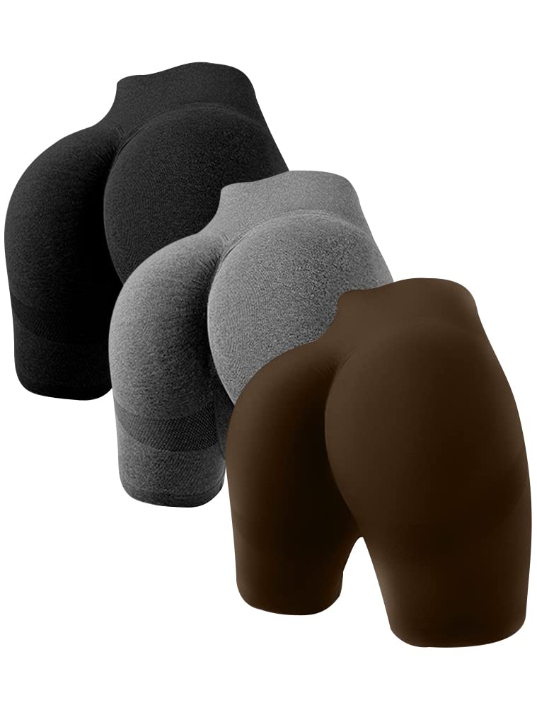 OQQ Women's 3 Piece Butt Lifting Yoga Workout High Waist Tummy Control Ruched Booty Pants Shorts, Black Grey Coffee1, Medium