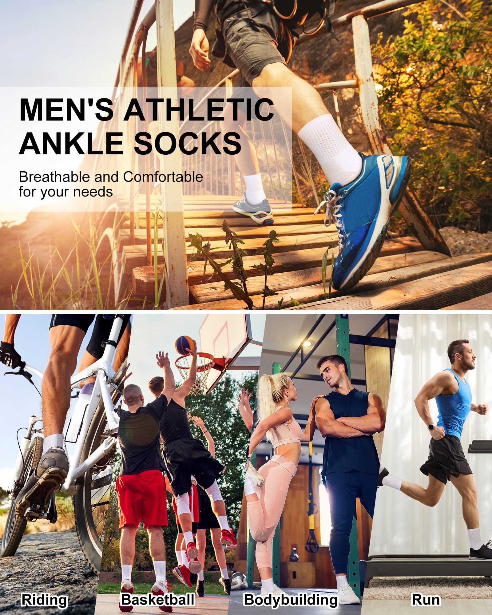 Hicarer 36 Pairs Men's Athletic Ankle Socks Bulk Crew Calf Socks Breathable Cushion Comfortable Casual Running Sock Size 9-12 (White Gray)