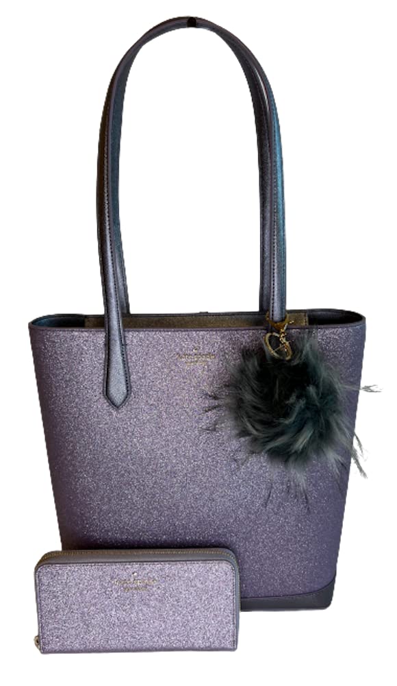 Kate Spade New York Tinsel Glitter Tote bundled with Large Continental Wallet and Fur Pom (Lilac Frost)