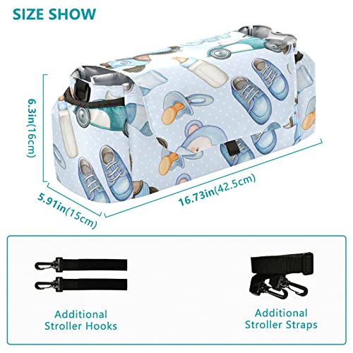 Kigai Baby Pattern Blue Baby Stroller Organizer with Cup Holders, Secure Hooks Accessories Adjustable Strap Stroller Bag for Bottle, Diaper, Phone, Toys, Baby Items