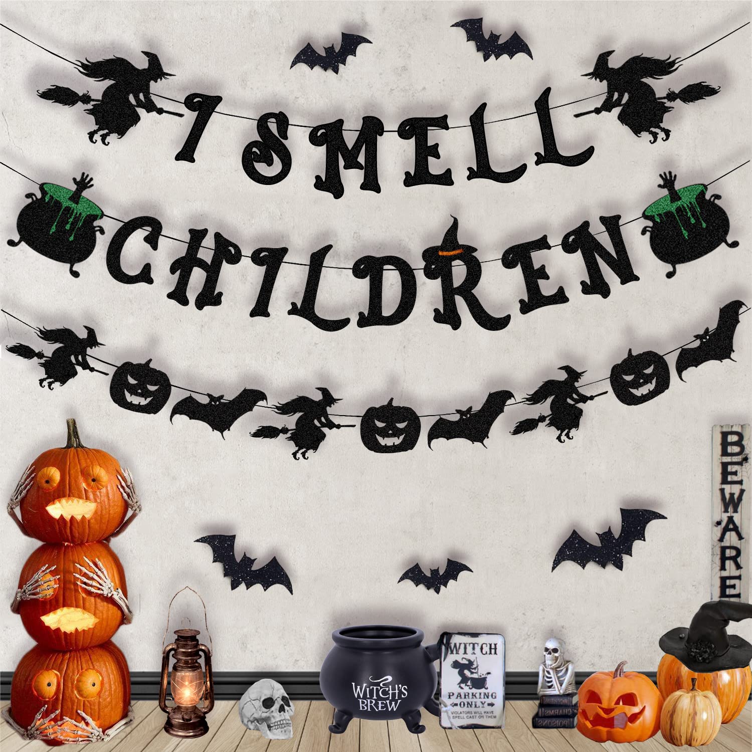 Halloween Decorations - Glittery Black I Smell Children Banner, Halloween Garland with Witch, Witch's Brew, Pumpkin and Halloween Bats for Halloween Party Decorations, Hocus Pocus Decorations