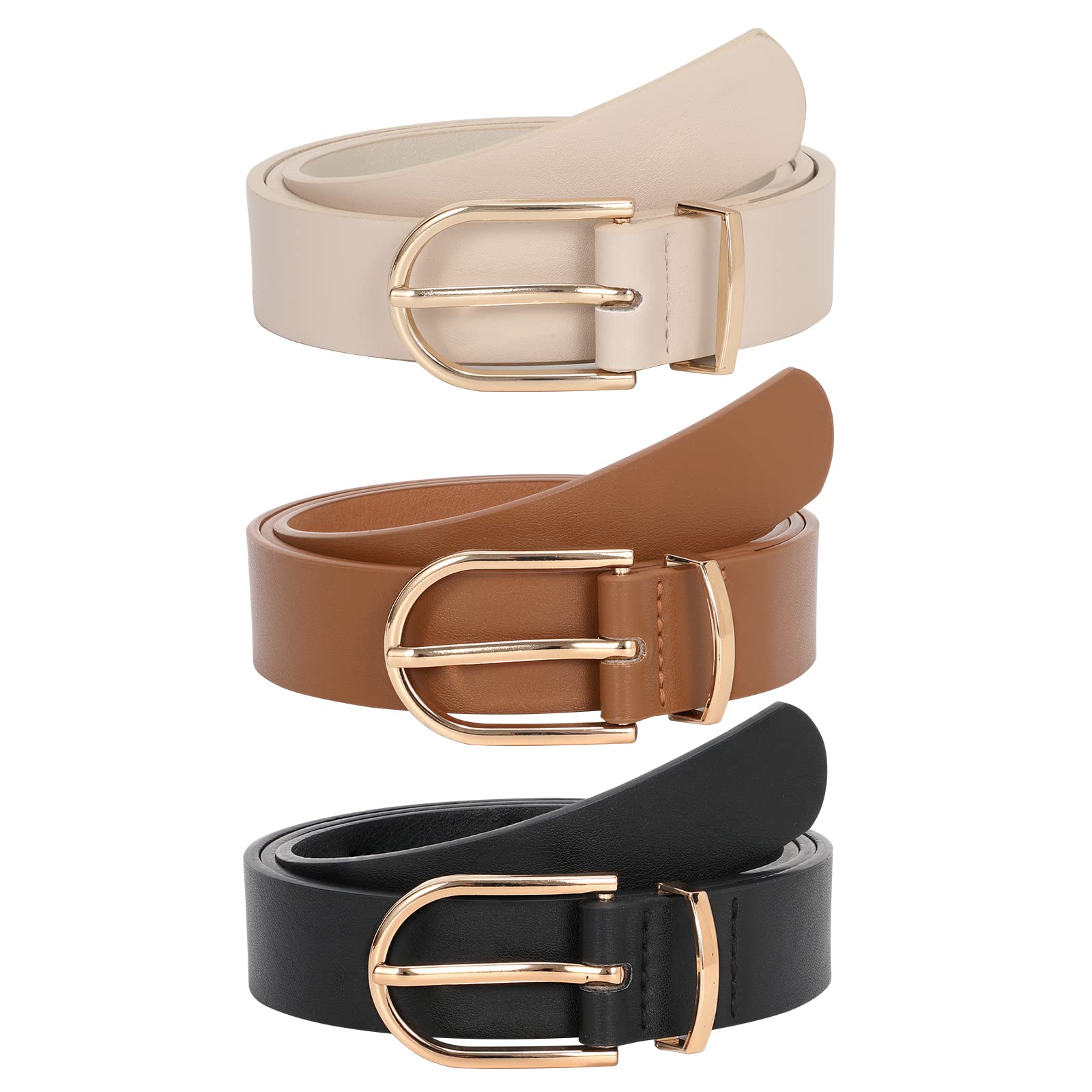 JASGOOD 3 Pack Women’s Leather Belts for Jeans Pants Fashion Ladies Belt with Gold Buckle A-Black+Brown+Beige,Fit Waist Size 25"-31"