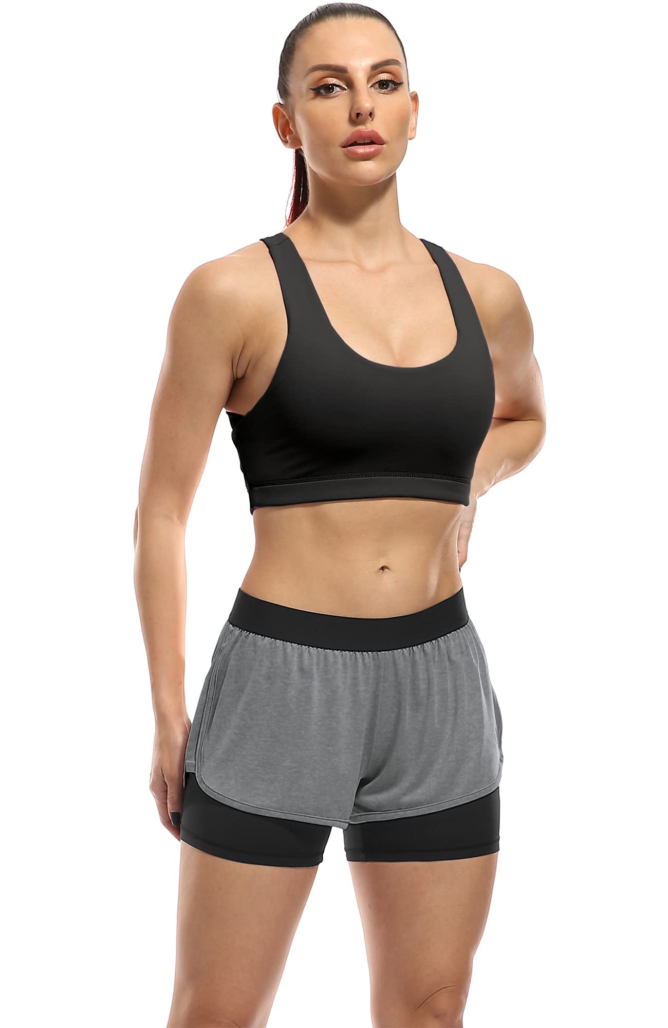 icyzone Workout Sports Bras for Women - Fitness Athletic Exercise Running Bra Yoga Tops (Solid Black, L)