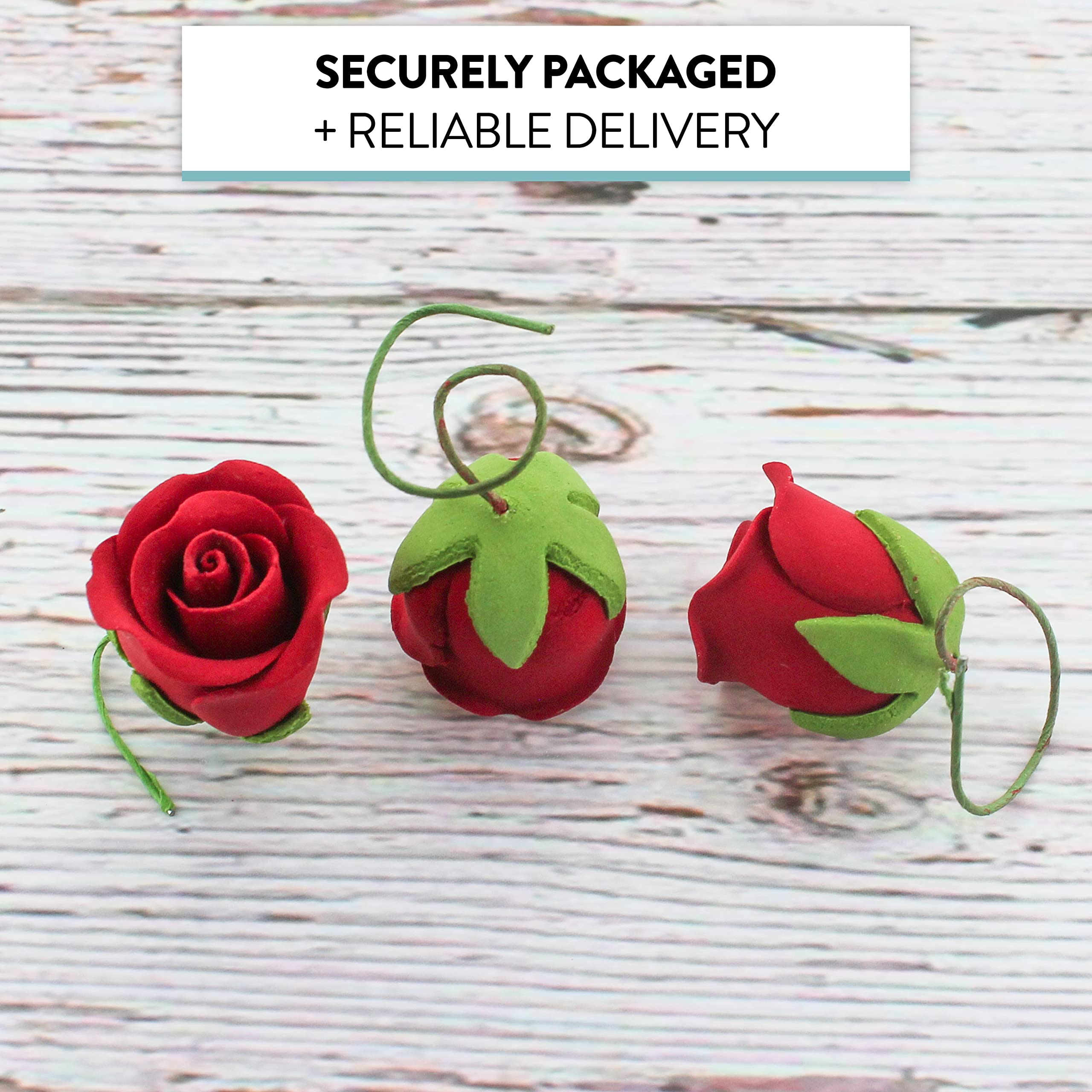 Global Sugar Art Tea Rose Sugar Cake Flowers, Red With Green Calyx, Small 1 inch, 15 Count by Chef Alan Tetreault