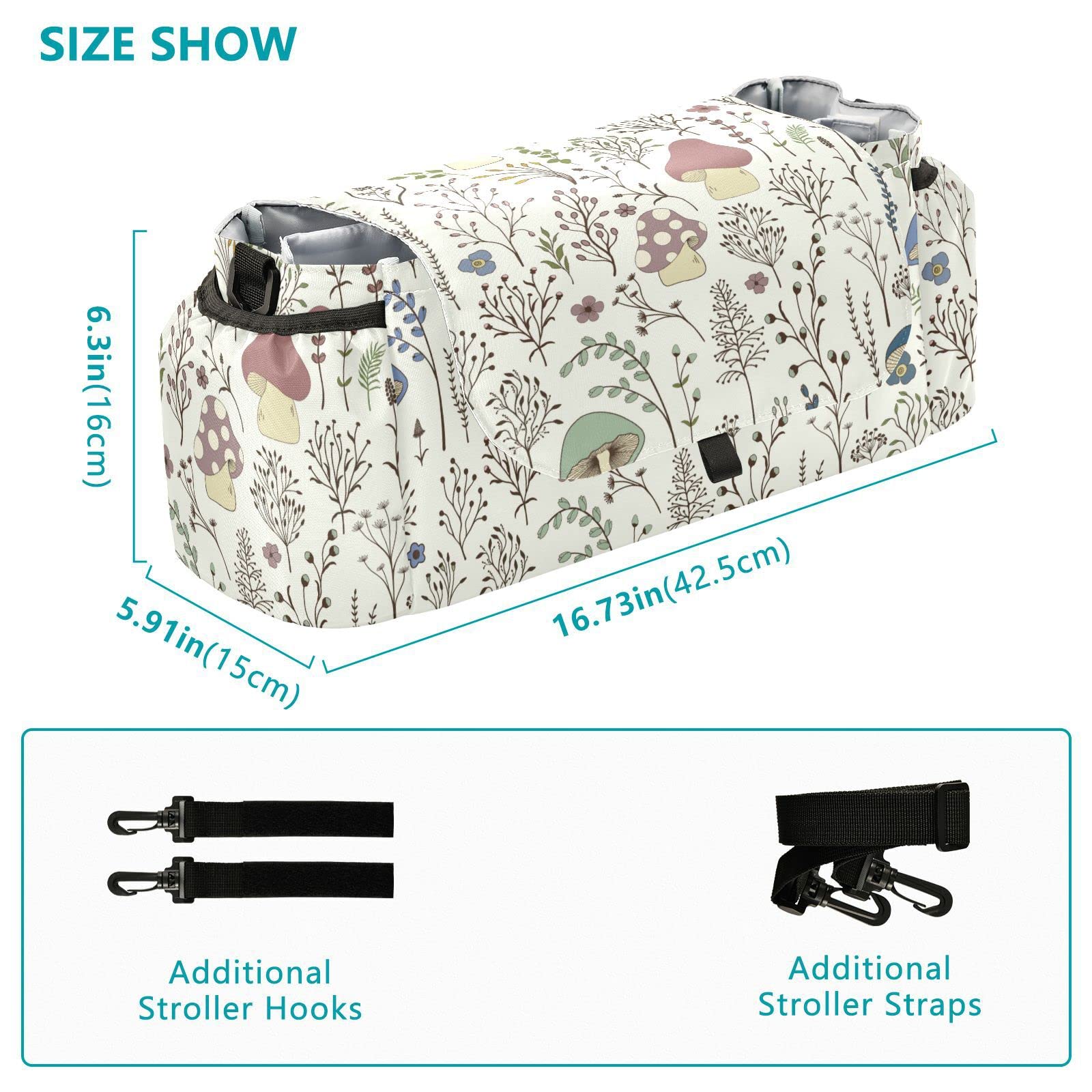 Kigai Mushroom Twig Baby Stroller Organizer with Cup Holders, Secure Hooks Accessories Adjustable Strap Stroller Bag for Bottle, Diaper, Phone, Toys, Baby Items
