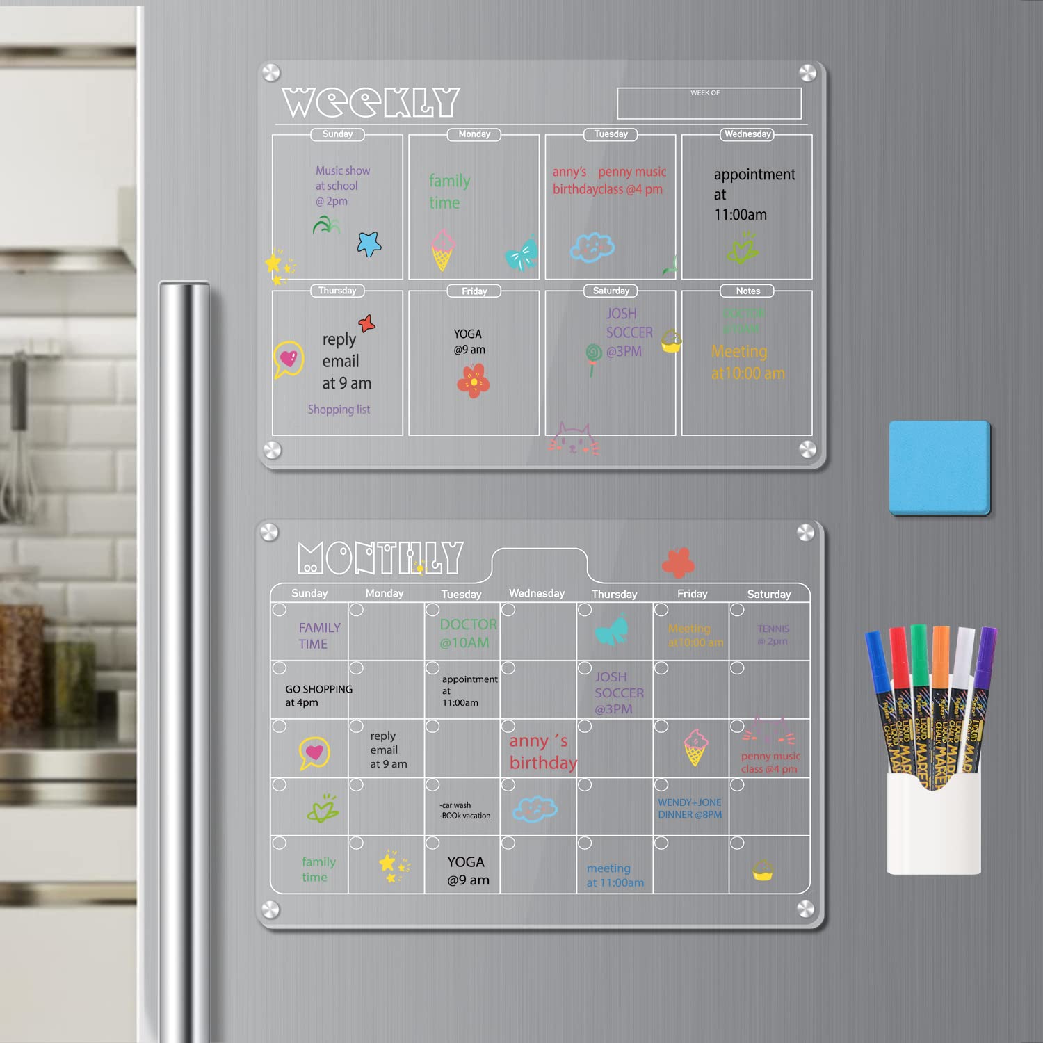 Hivillexun 17"x12" Clear Acrylic Magnetic Dry Erase Board with Monthly & Weekly Planner, 6 Markers & Large Eraser for Refrigerator Organization
