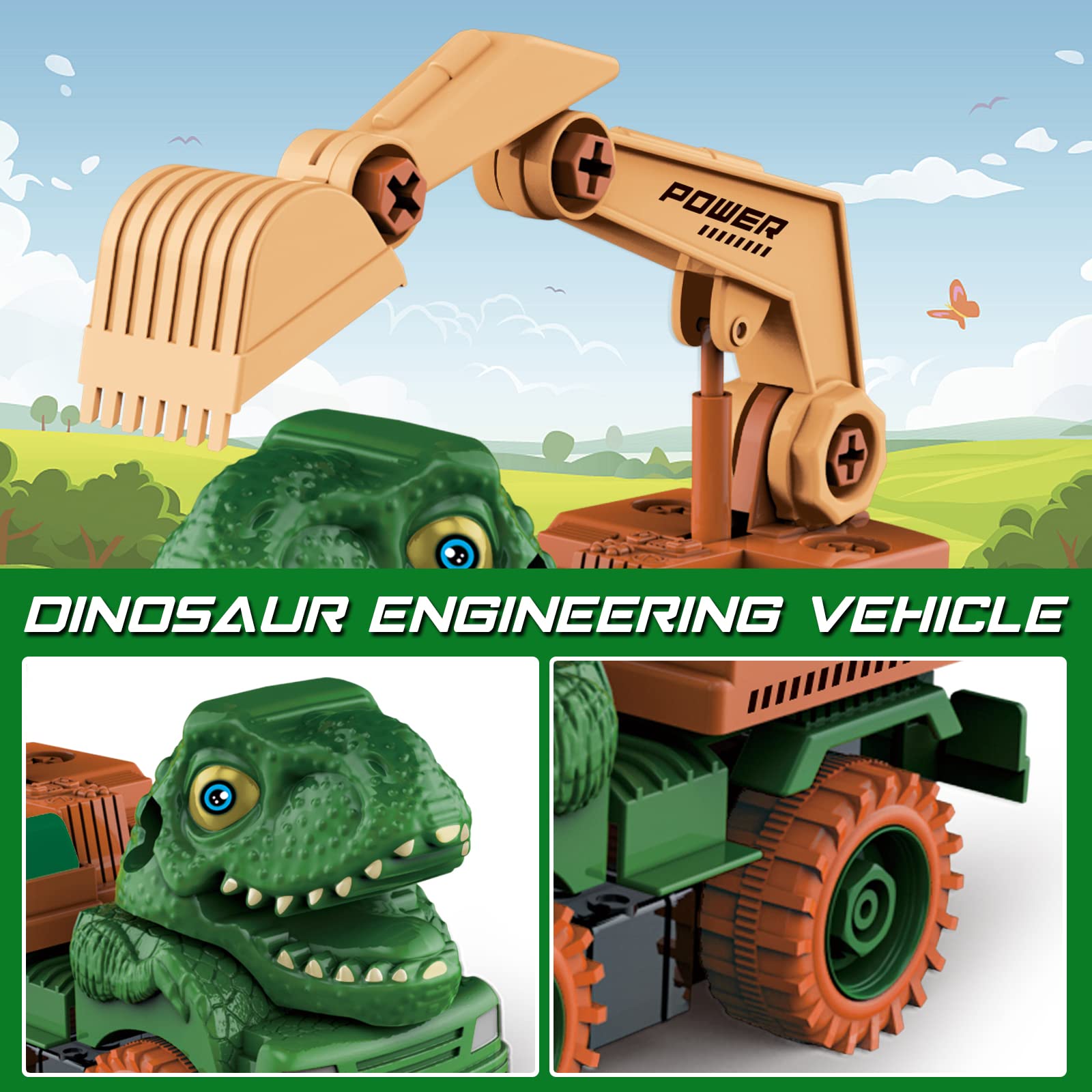 JUMEI Dinosaur Excavator Toy Playset,Friction Assemblely Excavator Toy with 6pcs Dinosaur,Screwdriver and Map,Construction Green