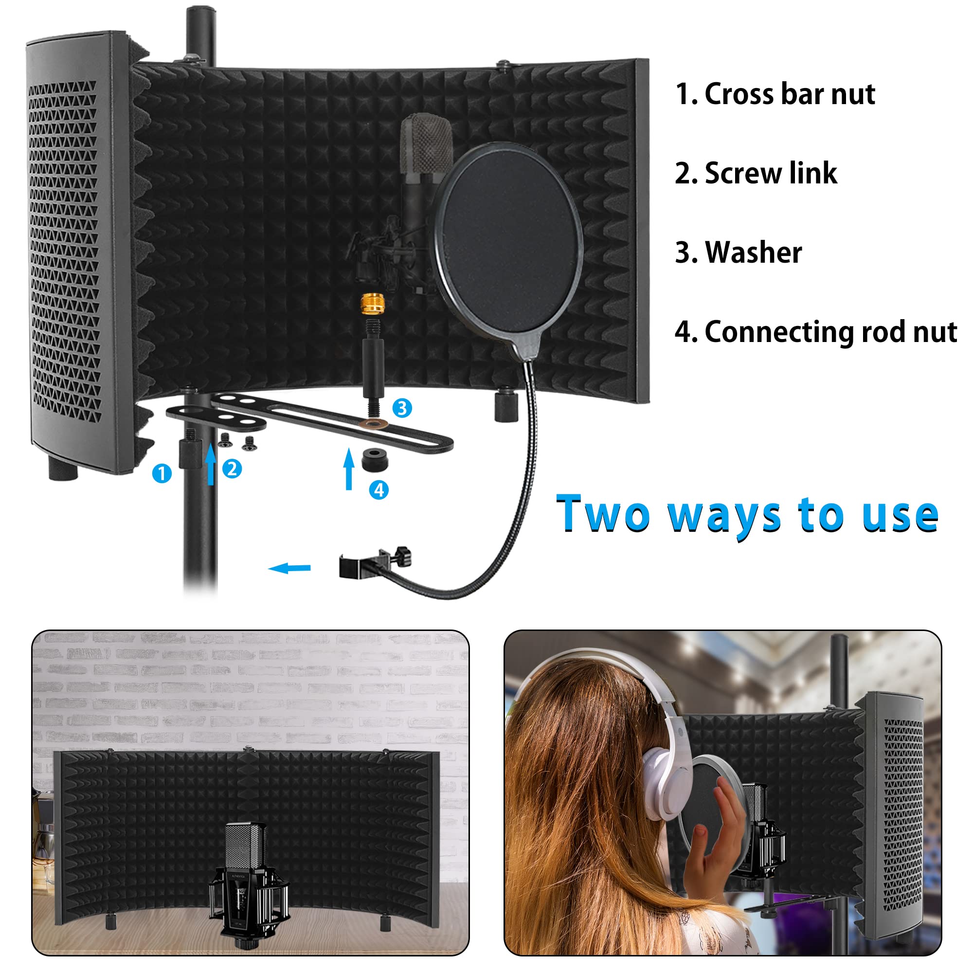 ITHWIU Microphone Isolation Shield with Stand [Curved Panel], Foldable Mic Shield with Triple Sound Insulation, Studio Mic Sound Absorbing Foam Reflector for Sound Recording, Podcasts