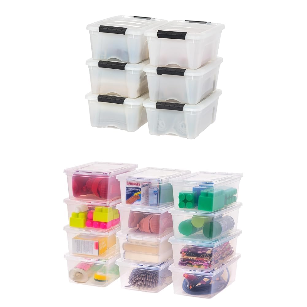 IRIS USA 18-Pack Plastic Storage Container Bin with Lids (6-Count 12 Qt. Pearl + 12-Count 6.7 Qt. Clear), Stackable Nestable Organizing Tote Box Toy General Organization Small School Art Supplies