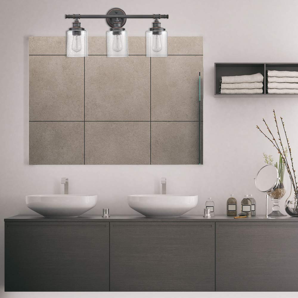 Globe Electric 51415 5-Piece All-in-One Bathroom Accessory Set, with Vanity, Bronze, 3-Light Vanity Light, Seeded Glass, Towel Bar, Towel Ring, Robe Hook, Toilet Paper Holder, Home Improvement