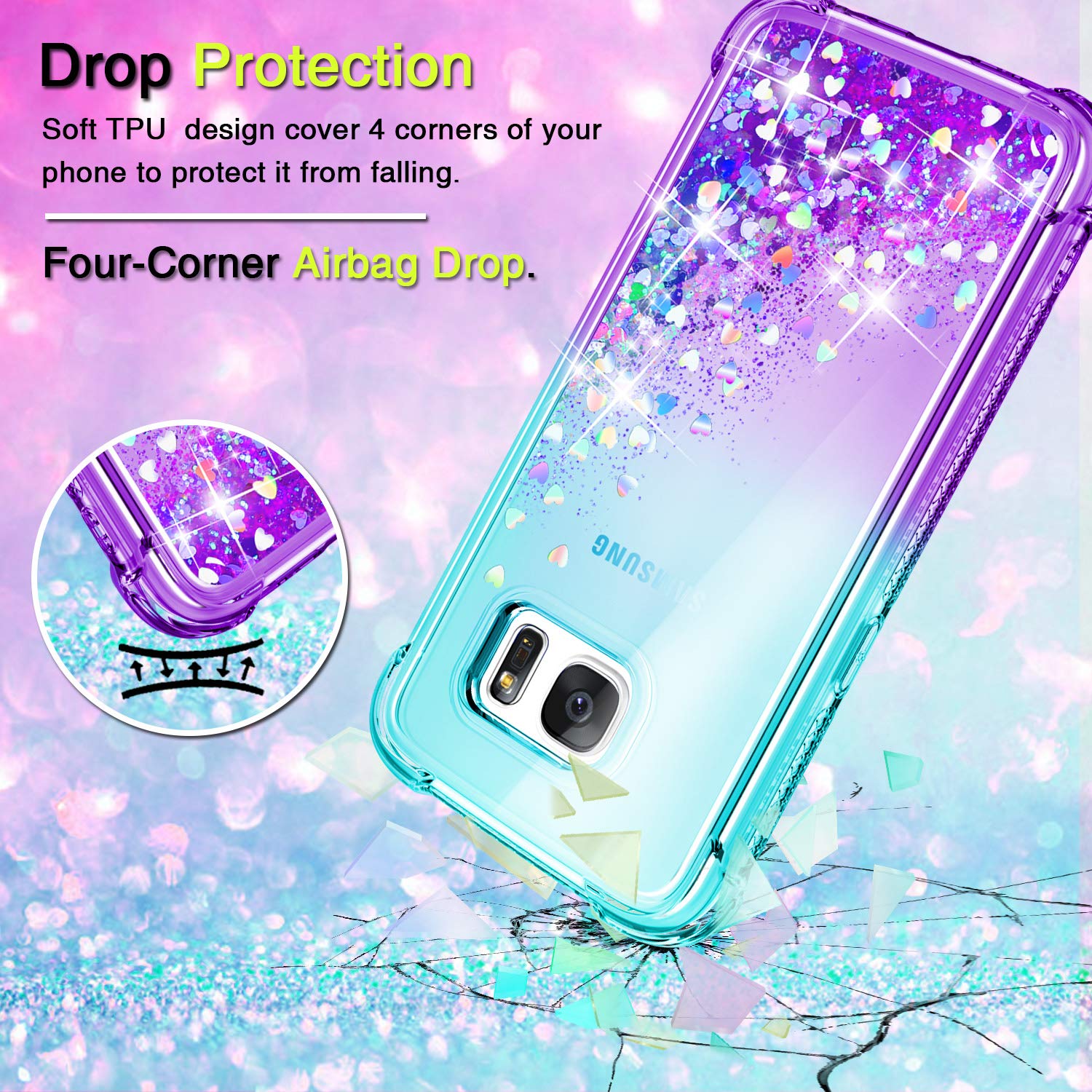 Gritup Samsung Galaxy S7 Edge Case, Samsung S7 Edge Case with HD Screen Protector, Girls Women Cute Gradient Liquid Glitter Bling Four-Corner Protective Soft TPU Case for Galaxy S7 Edge, Teal/Purple