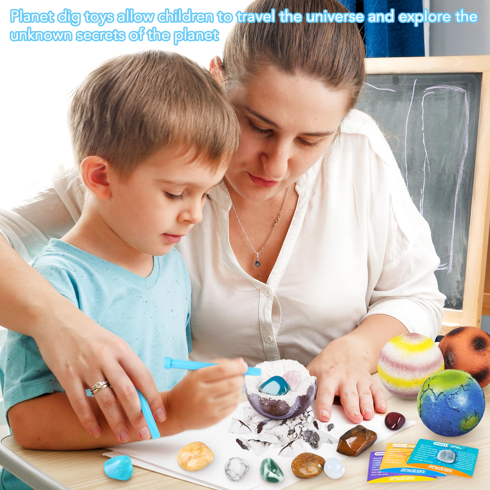 Junall Gemstone Dig Kit, Easter Egg Space Toys for Kids, Dig up 8 Planets Find 16 Gems & Explore Solar System, Science STEM Activities - Educational Gifts for Boys Girls Age 5 6 7 8 10+Year Old