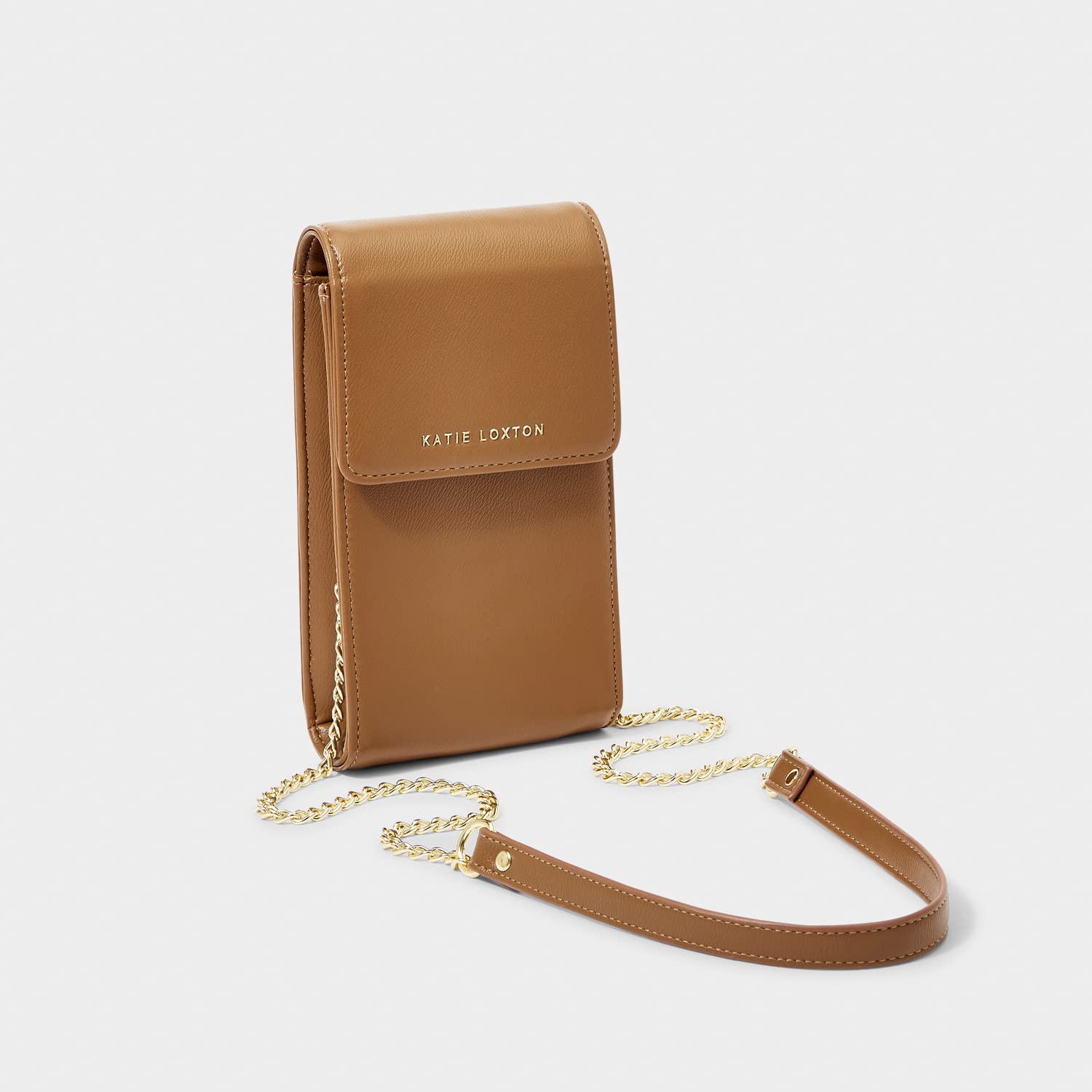 KATIE LOXTON Amy Small Womens Vegan Leather Chain Strap Mini Crossbody Clutch Handbag Purse Tan