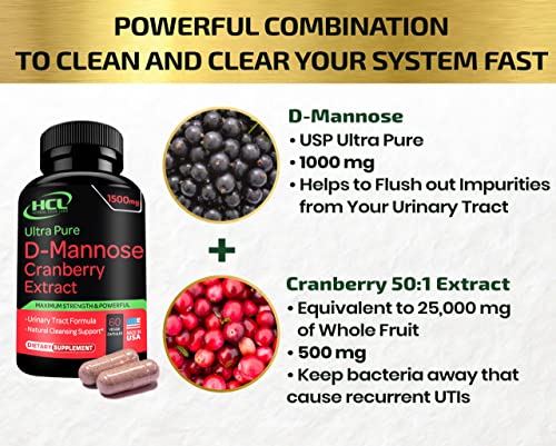 HCL HERBAL CODE LABS D-Mannose with Cranberry Extract Capsules 1500mg Super Strength Pills – Fast-Acting UTI Urinary Tract – Bladder Health Supplement