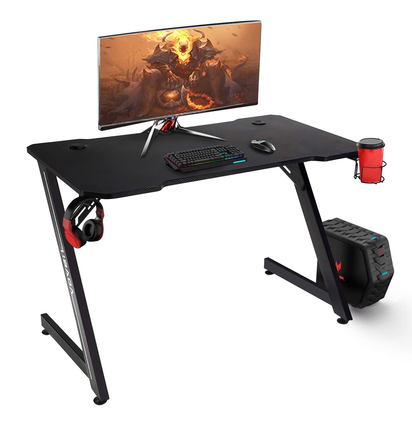Hbada 43 inch Gaming Computer Desk, Home Office PC Desk, Z-Shape Racing Style Game Station with Double Cable Manage Hole, Sturdy Ergonomic E-Sports Desk with Cup Holder and Headphone Hook, Black