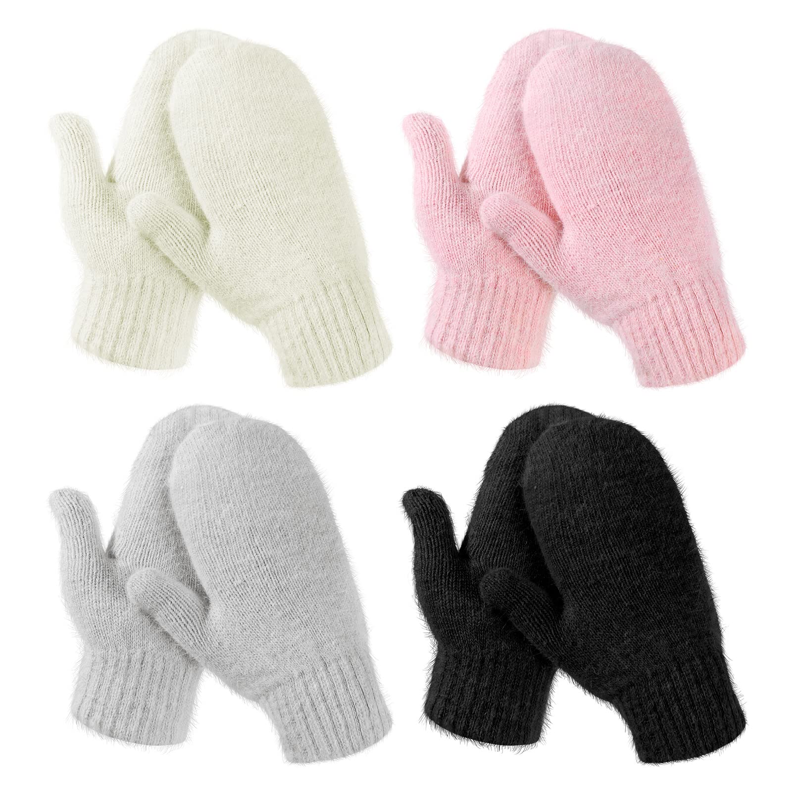 Hicarer 4 Pairs Women Mittens for Women Adult Winter Ladies Mittens Knitted Gloves Warm Fleece Mittens Double Wool Gloves, Black, White, Light Grey, Pink, about 3.9 x 9 inches