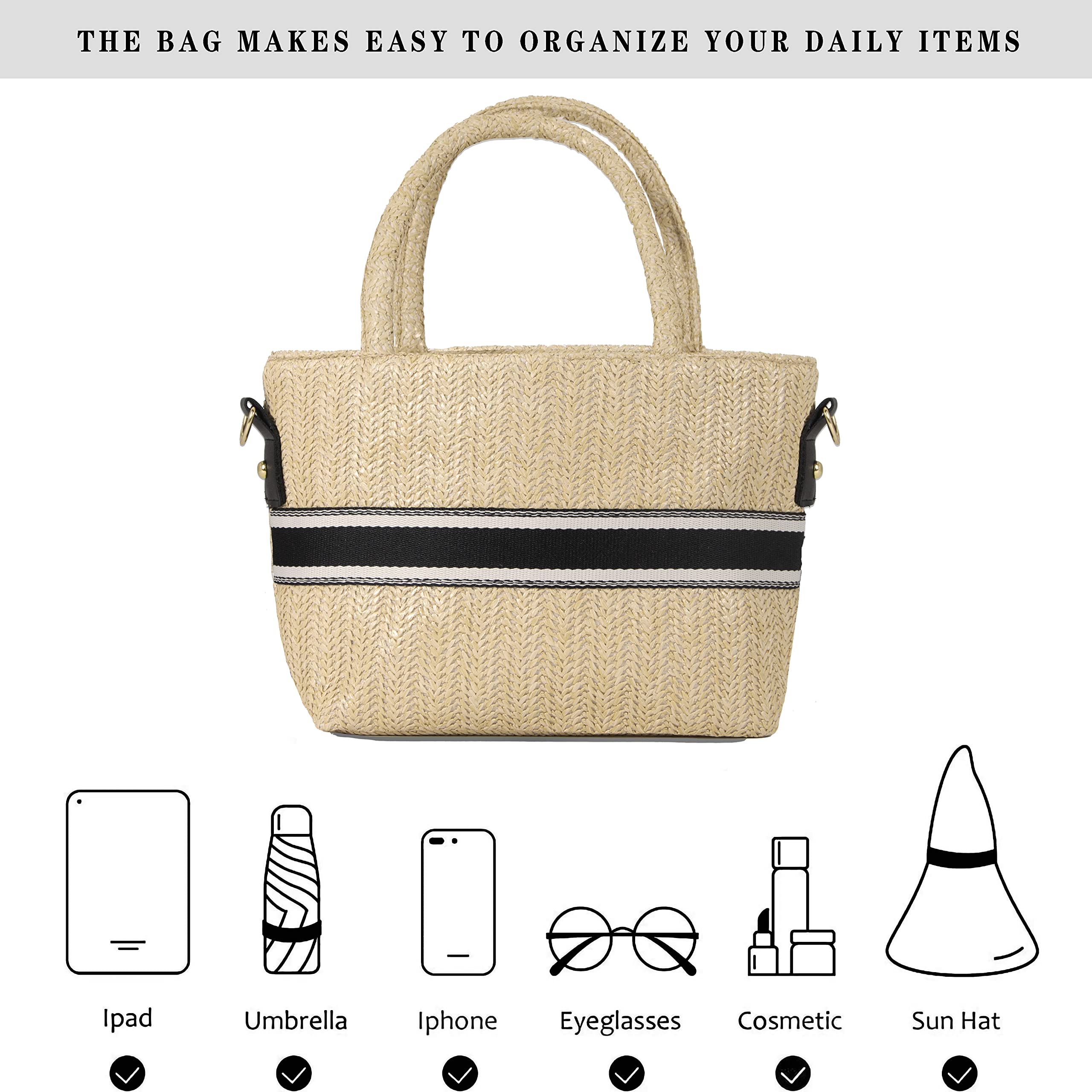 Hibala Straw bag Woven handbag Beach bag Straw purses for women Shoulder bag Summer Beach Tote (Black&White Stripe)