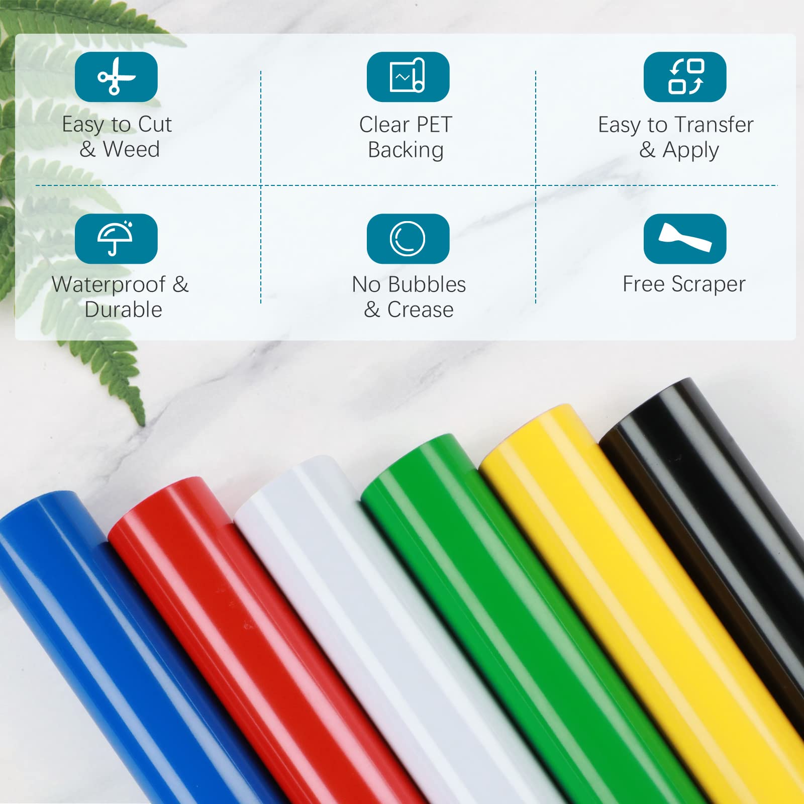 HTVRONT Permanent Vinyl Roll - 6Rolls 12" x 10FT Multi-Color Permanent Vinyl Bundle, Adhesive Vinyl for Cricut, Silhouette, Cameo Cutters, Signs, Scrapbooking, Craft, Die Cutters